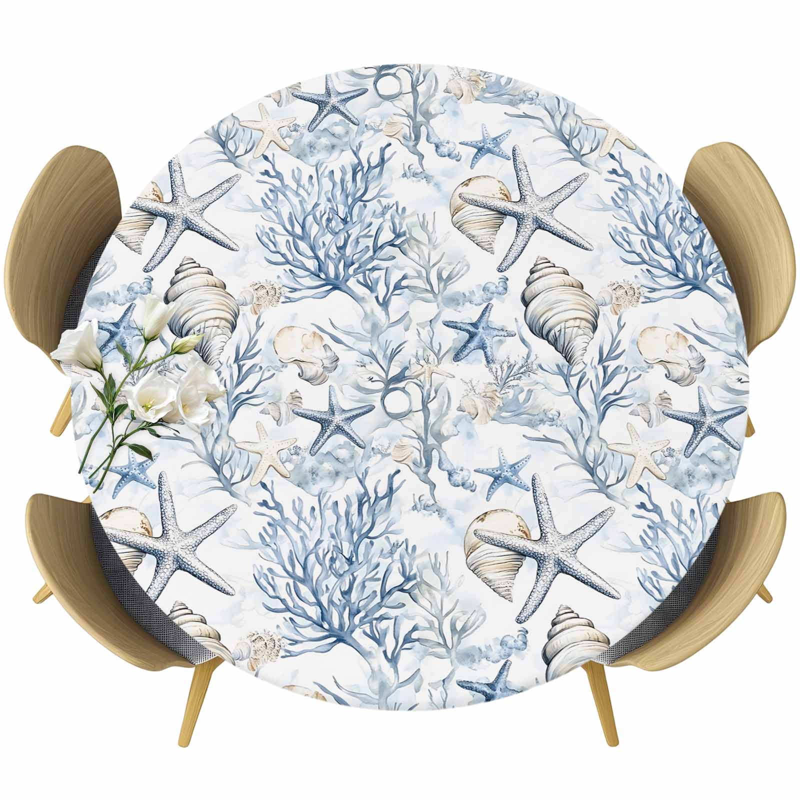 Blue Coastal Table Cloth, Round Fitted Tablecloths with Elastic Edge ...
