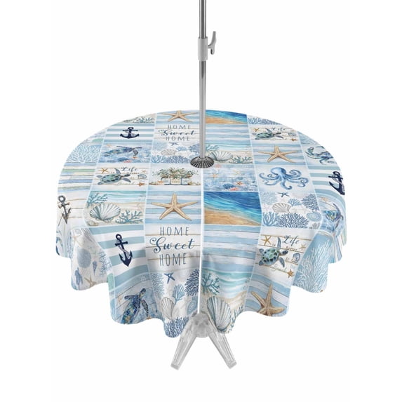 Blue Coastal Table Cloth Round Tablecloth, Turtle Nautical Anchor ...