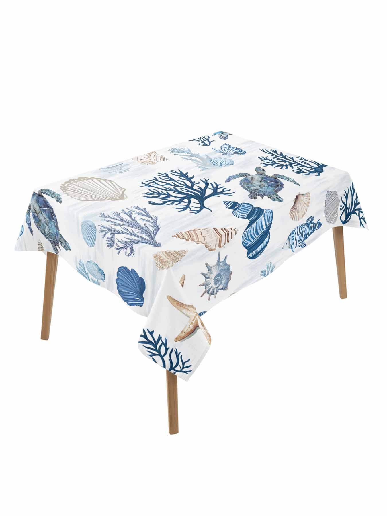 Blue Coastal Table Cloth, Starfish Sea Turtle Coral Nautical Beach ...