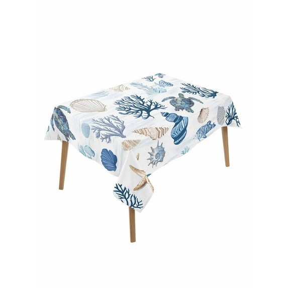 Blue Coastal Table Cloth, Starfish Sea Turtle Coral Nautical Beach ...