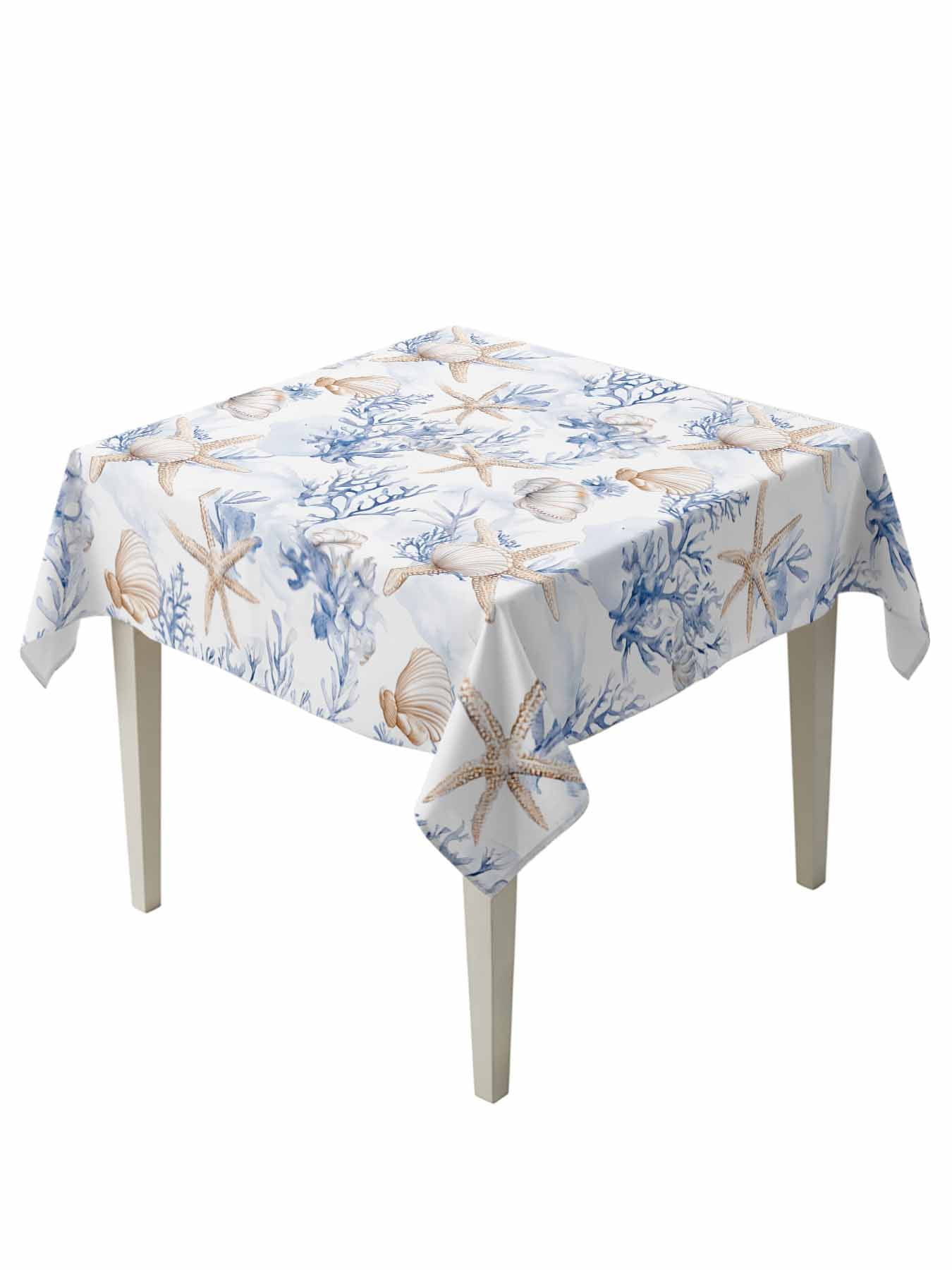 Blue Coastal Table Cloth, Summer Beach Coral Starfish Shell Nautical ...