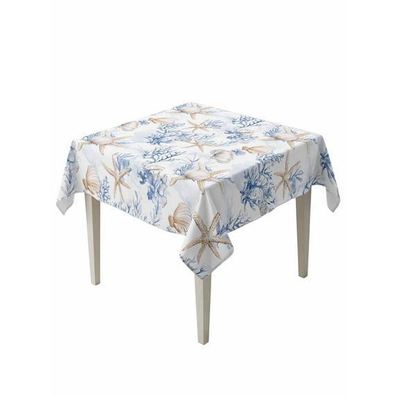 Blue Coastal Table Cloth, Summer Beach Coral Starfish Shell Nautical ...