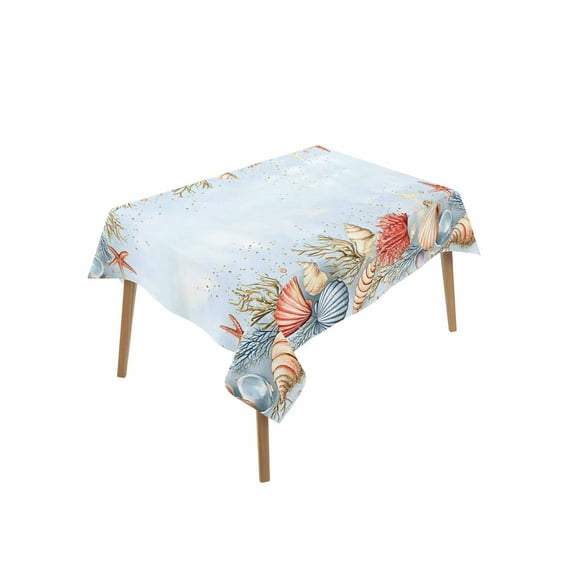 Blue Coastal Table Cloth, Summer Beach Starfish Shell Coral Waterproof ...