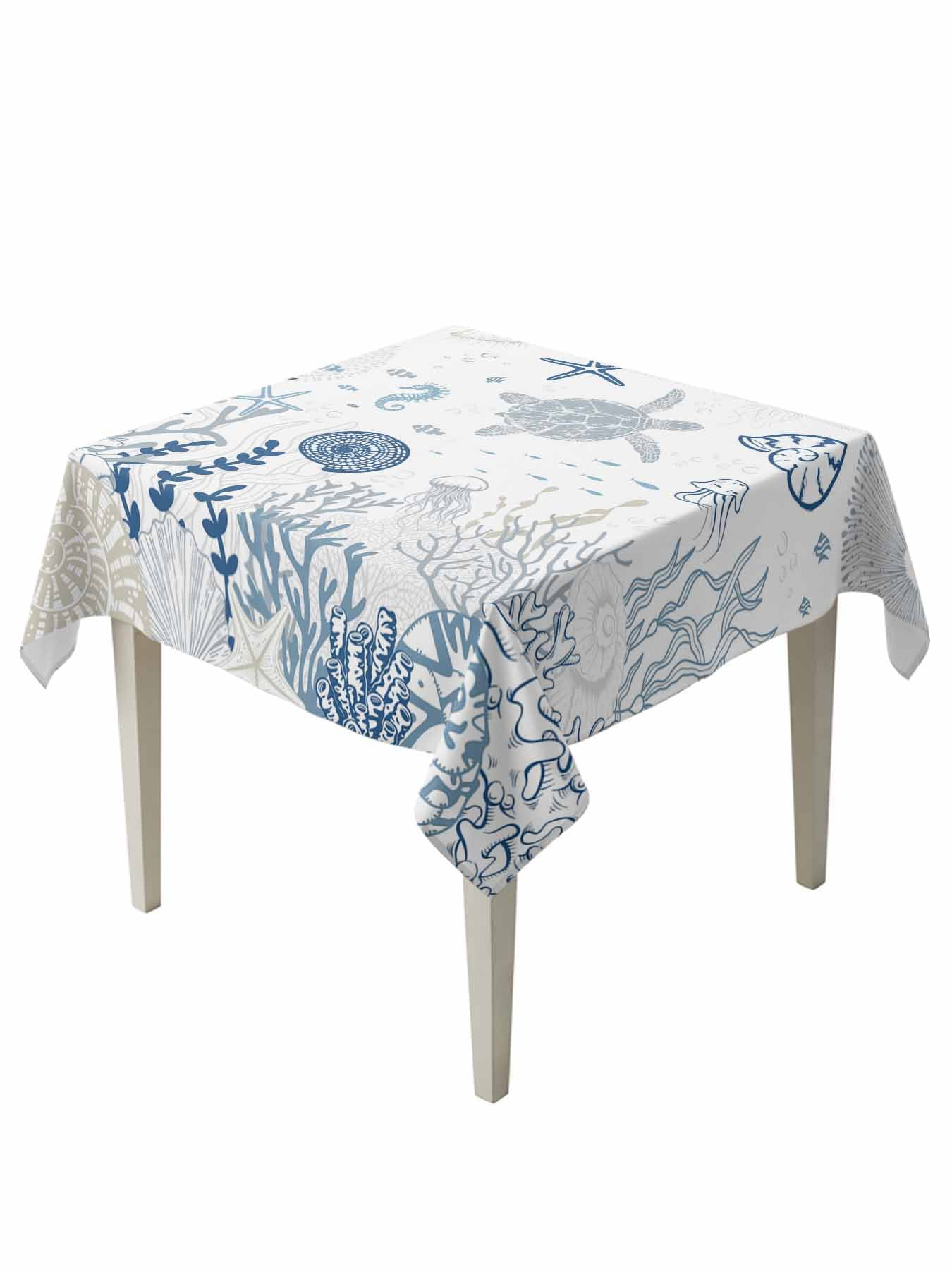 Blue Coastal Table Cloth, Summer Beach Turtle Coral Starfish Jellyfish ...