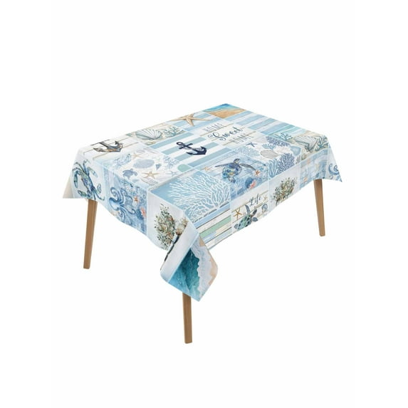 Blue Coastal Table Cloth, Turtle Nautical Anchor Octopus Starfish Coral ...