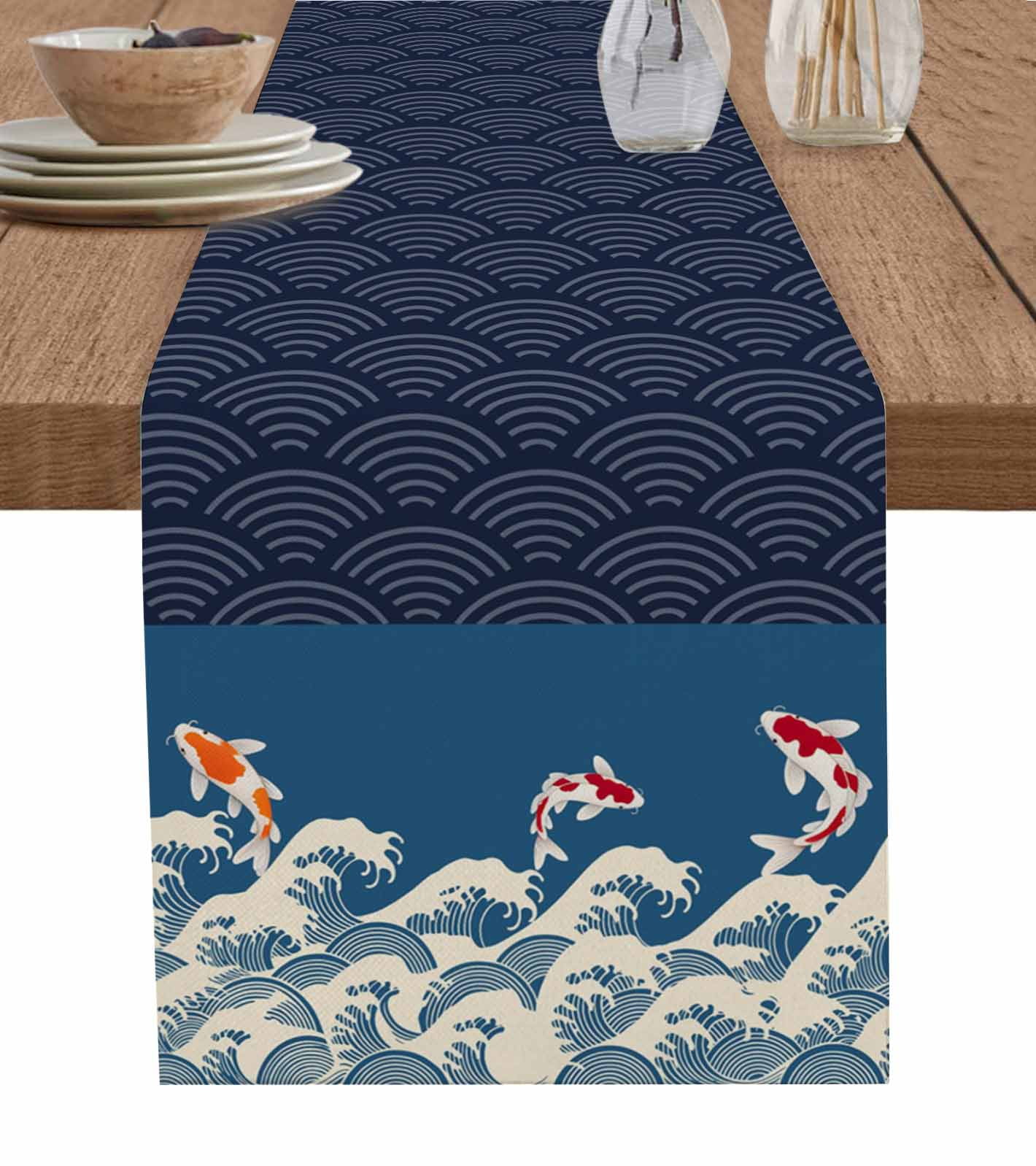 Blue Coastal Table Runner 108 Inches, Japanese Style Wave Fish Textured ...