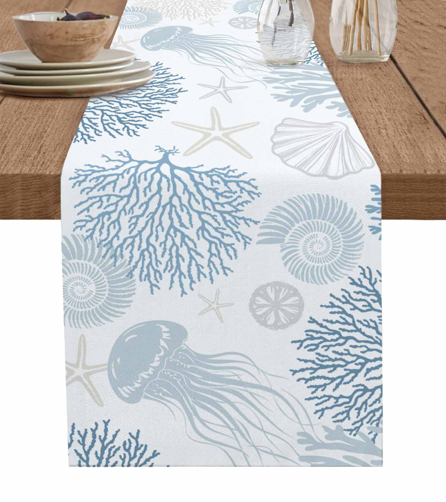 Blue Coastal Table Runner 70 Inches, Coral Jellyfish Nautical Bed ...