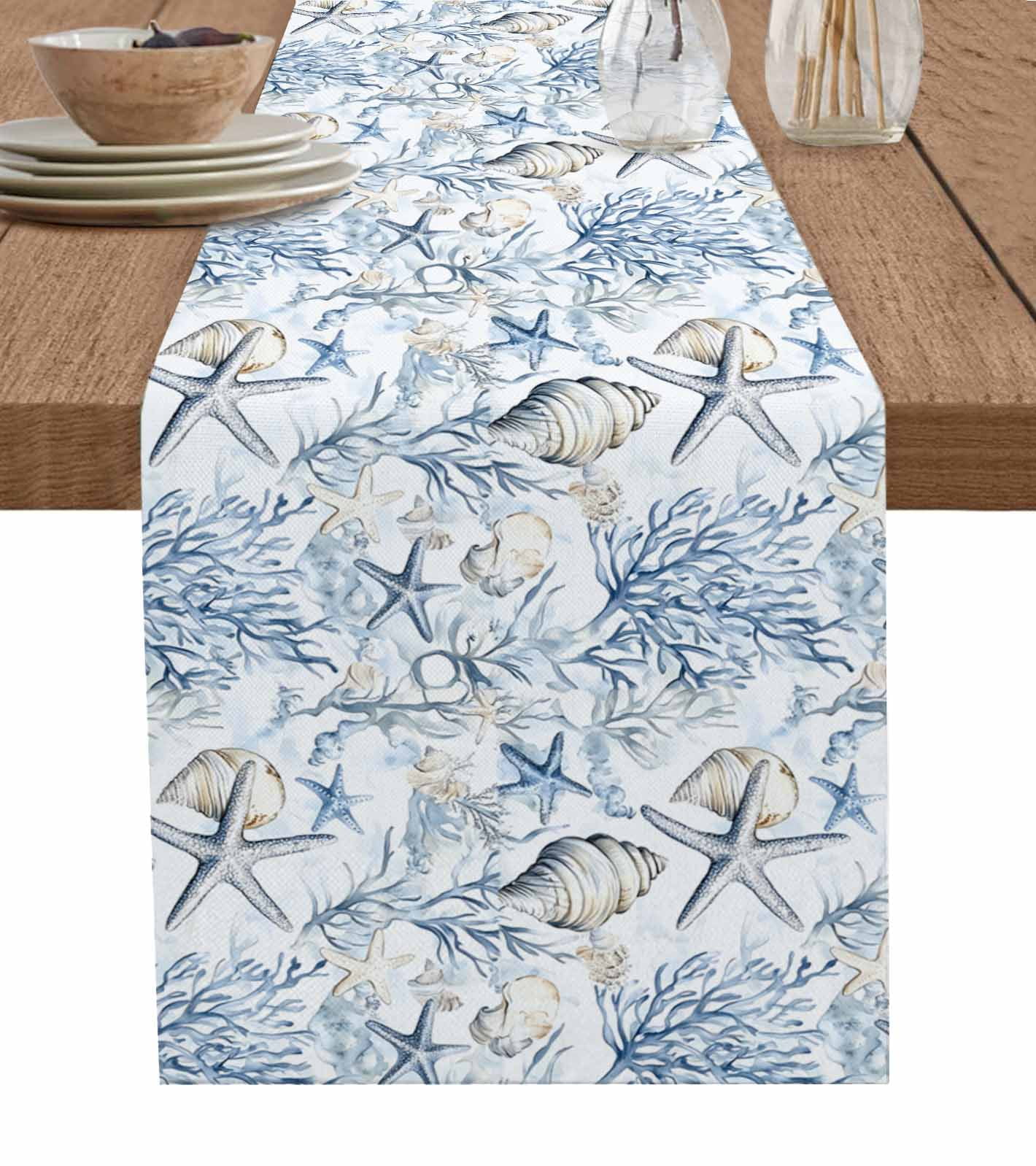 Blue Coastal Table Runner 72 Inches, Ocean Coral Starfish Conch Sea ...