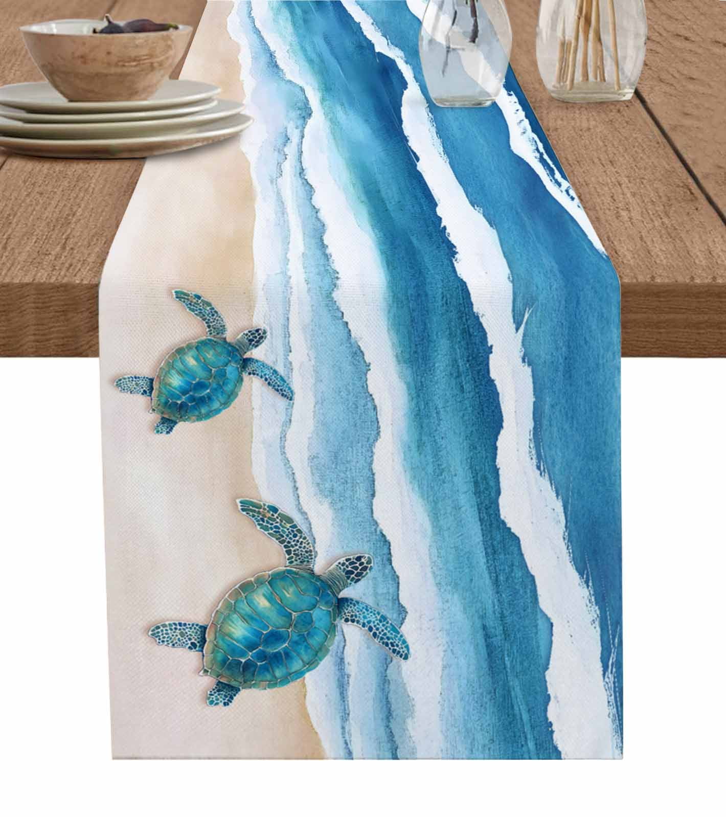 Blue Coastal Table Runner 72 Inches, Sea Turtle Summer Beach Waves ...