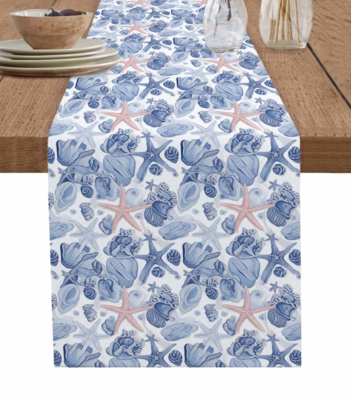 Blue Coastal Table Runner 72 Inches, Starfish Ocean Shell Vintage Conch ...