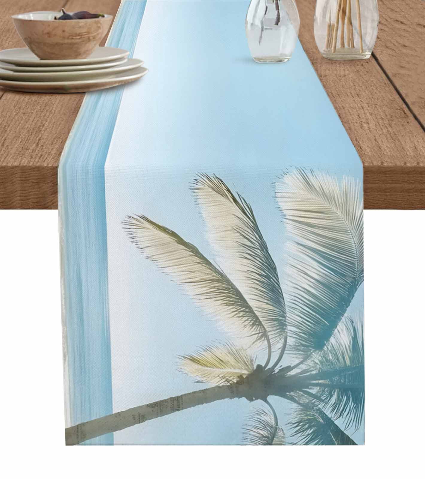 Blue Coastal Table Runner 90 Inches, Summer Palm Trees Vacation ...