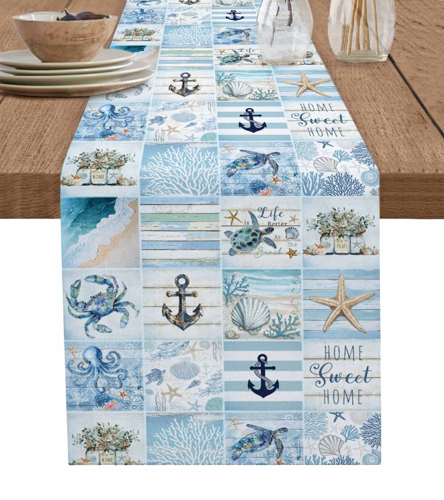 Blue Coastal Table Runner 90 Inches, Turtle Nautical Anchor Octopus ...