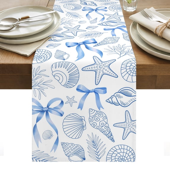 Blue Coastal Table Runner Bow Knot Starfish Seashells Nautical ...