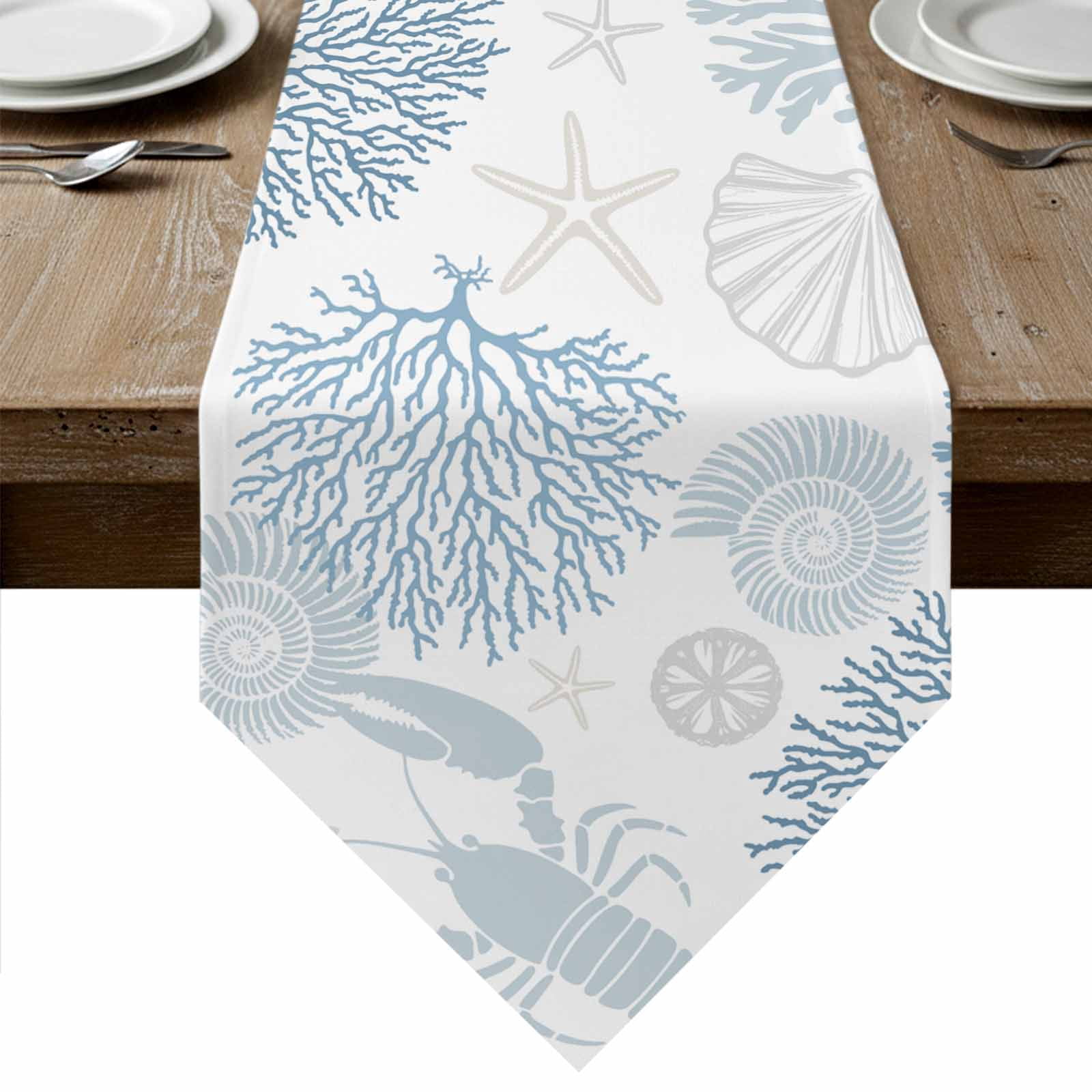 Blue Coastal Table Runner Linen Burlap Table Runner 108 Inches Long ...