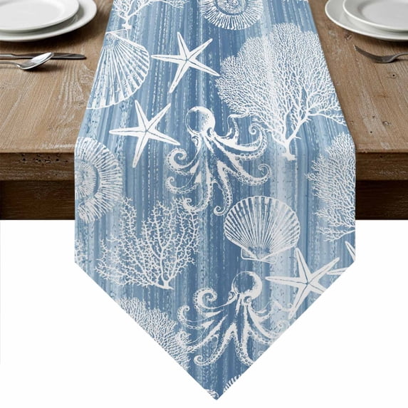 Blue Coastal Table Runner Linen Burlap Table Runner 120 Inches Long ...