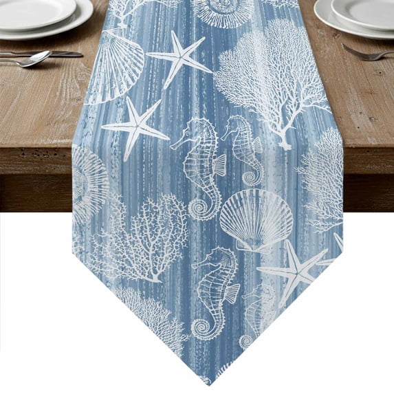 Blue Coastal Table Runner Linen Burlap Table Runner 120 Inches Long ...