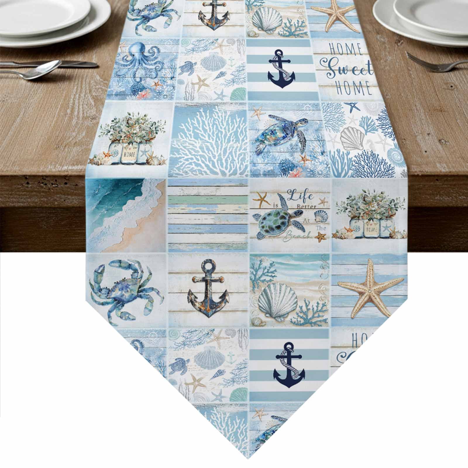 Blue Coastal Table Runner Linen Burlap Table Runner 36 Inches Small ...