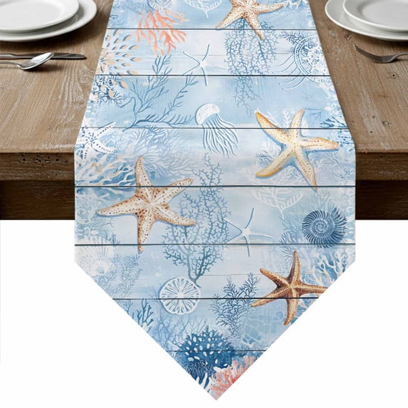 Blue Coastal Table Runner Linen Burlap Table Runner 72 Inches Long ...