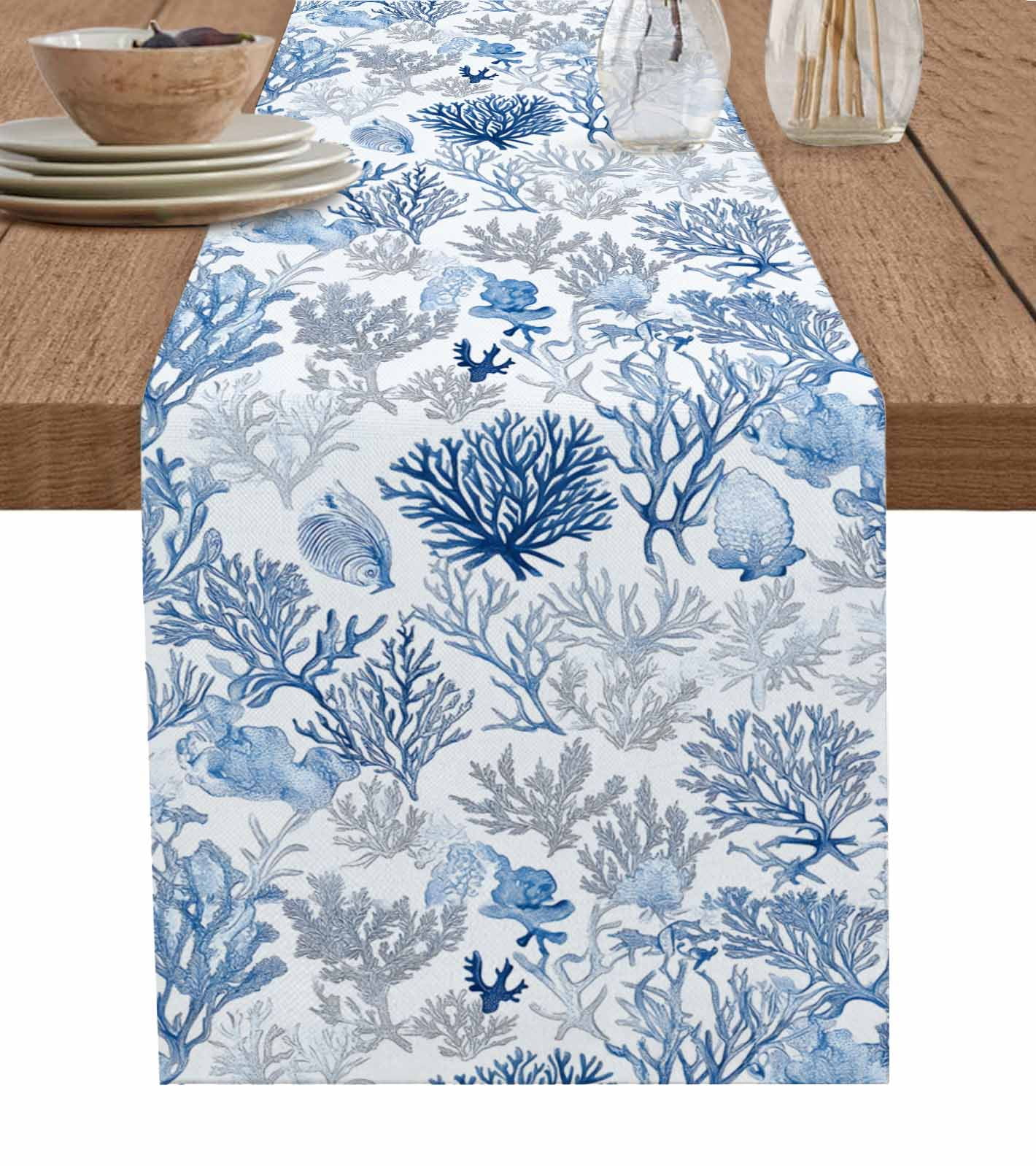 Blue Coastal Table Runner Nautical Coral Shell Summer Tablerunners 13 x ...