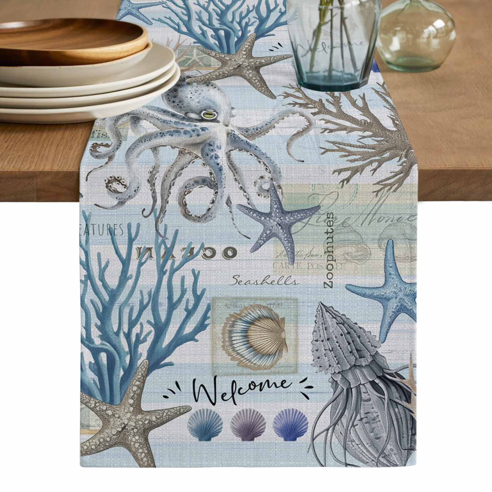 Blue Coastal Table Runner, Nautical Coral Starfish Beach Summer ...