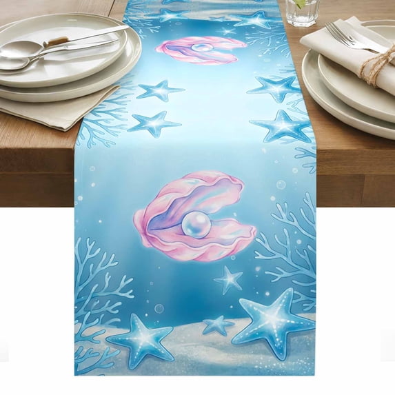 Blue Coastal Table Runner Nautical Shell Ocean Starfish Coral Sea ...