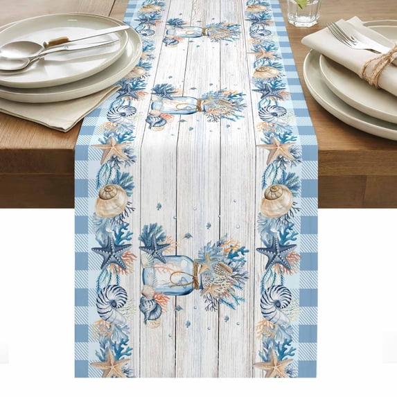 Blue Coastal Table Runner Nautical Starfish Conch Coral Bottle Wooden ...
