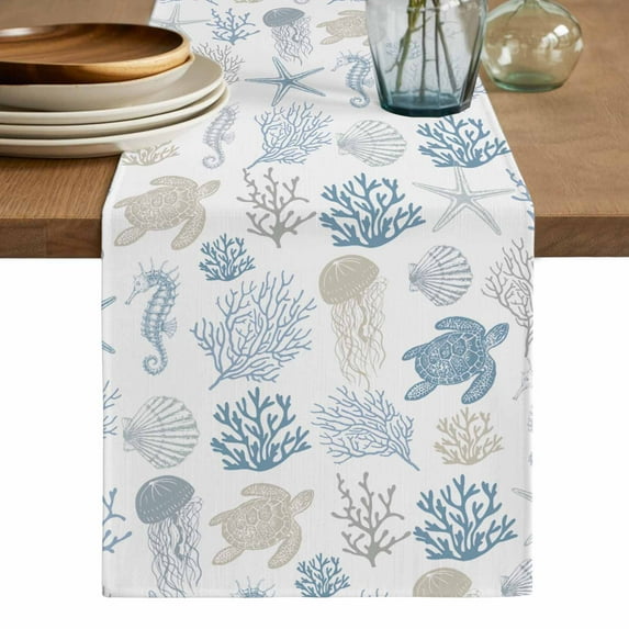 Blue Coastal Table Runner, Nautical Summer Beach Coral Sea Turtle ...