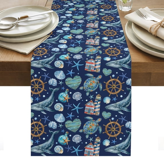 Blue Coastal Table Runner Nautical Whale Shell Starfish Ocean ...