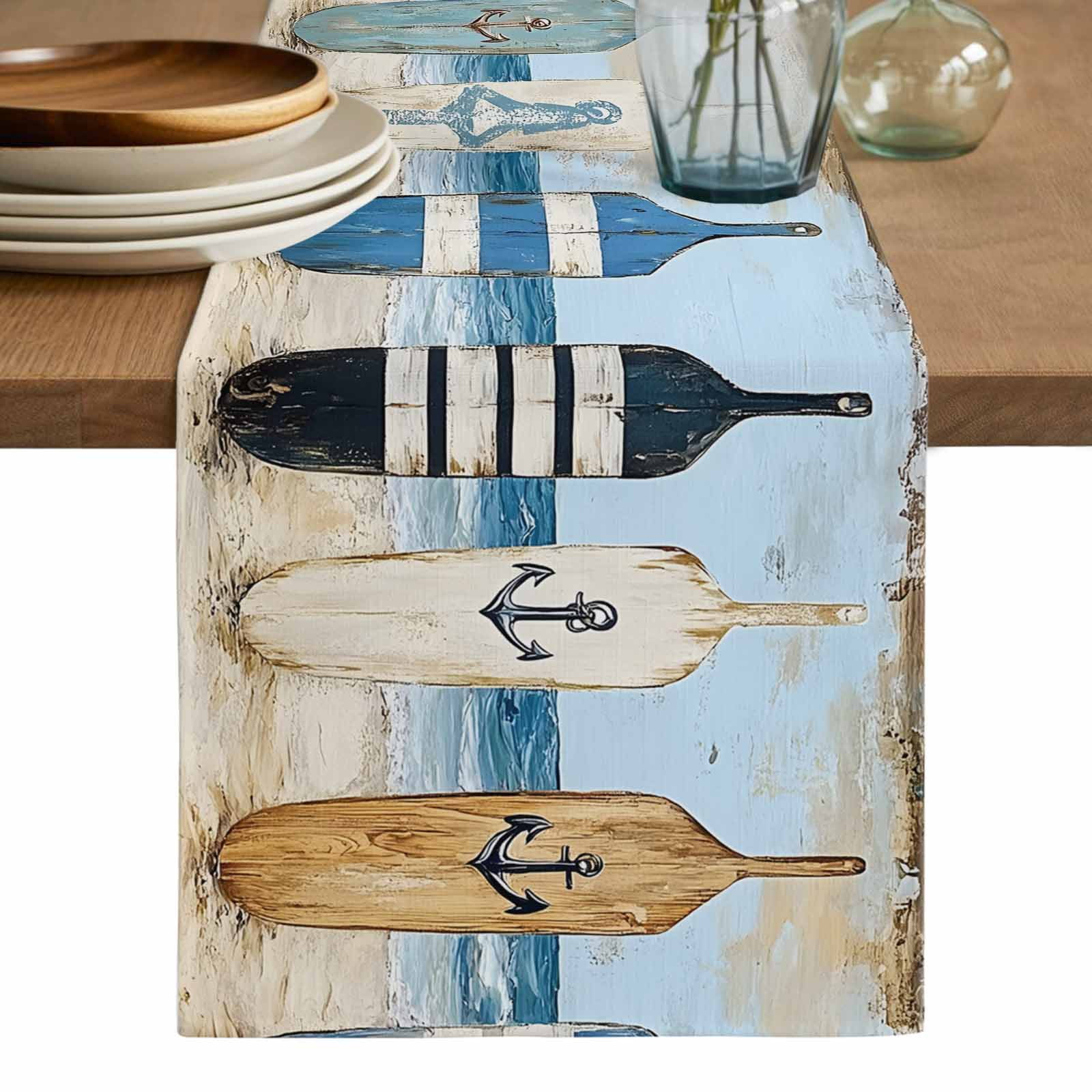 Blue Coastal Table Runner, Ocean Nautical Anchor Wood Barn Beach ...