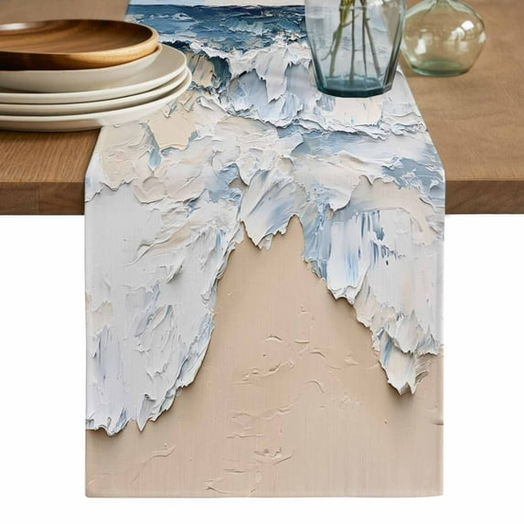 Blue Coastal Table Runner, Oil Painting Art Modern Abstract Washable ...