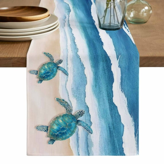 Blue Coastal Table Runner, Sea Turtle Summer Beach Waves Nautical ...