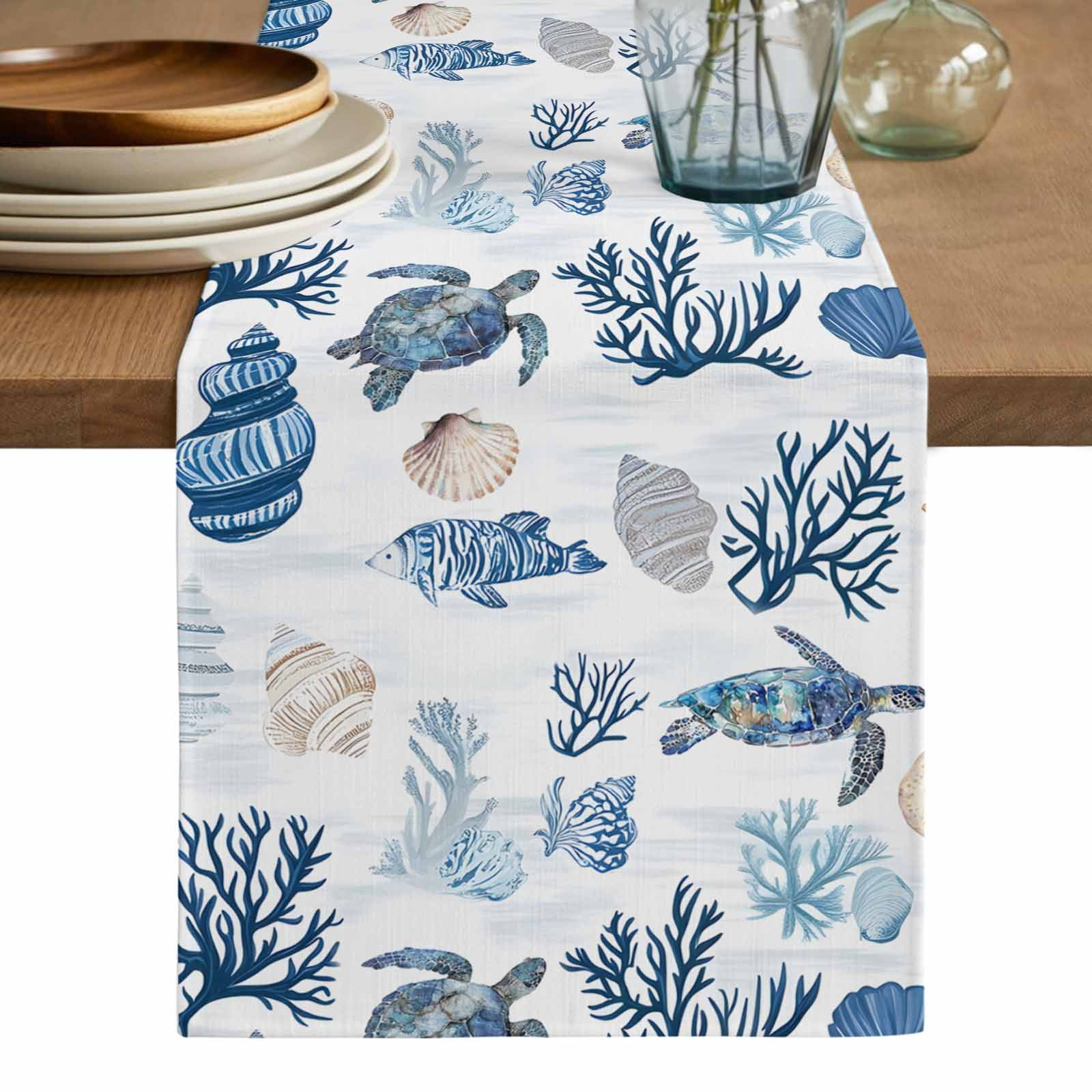 Blue Coastal Table Runner, Starfish Sea Turtle Coral Nautical Beach ...