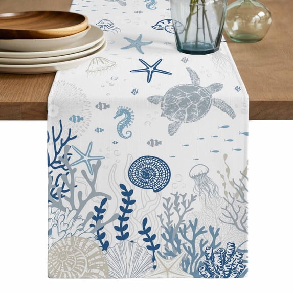 Blue Coastal Table Runner, Summer Beach Turtle Coral Starfish Jellyfish ...