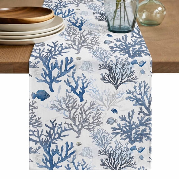 Blue Coastal Table Runner, Summer Nautical Ocean Beach Coral Fish ...