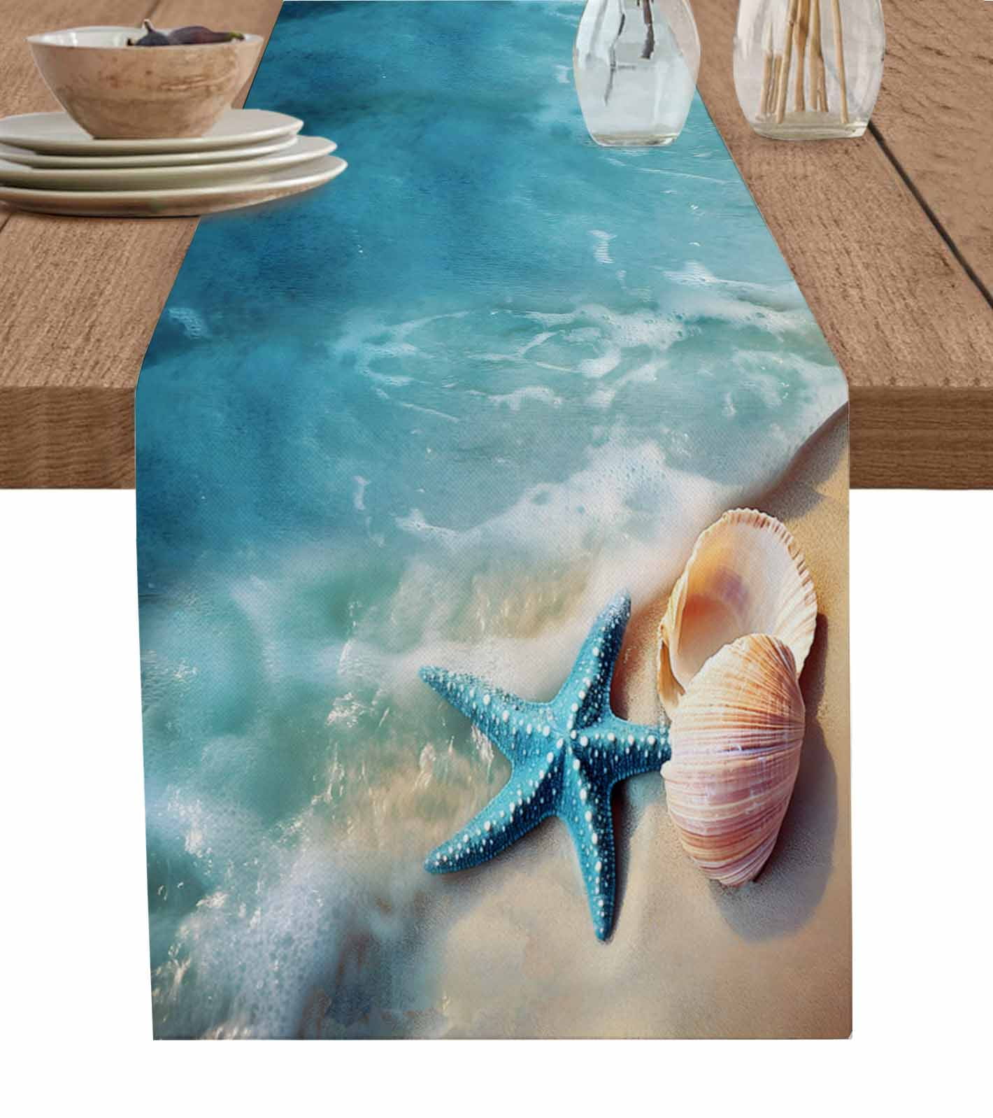 Blue Coastal Table Runner Summer Nautical Seaside Starfish Shell ...