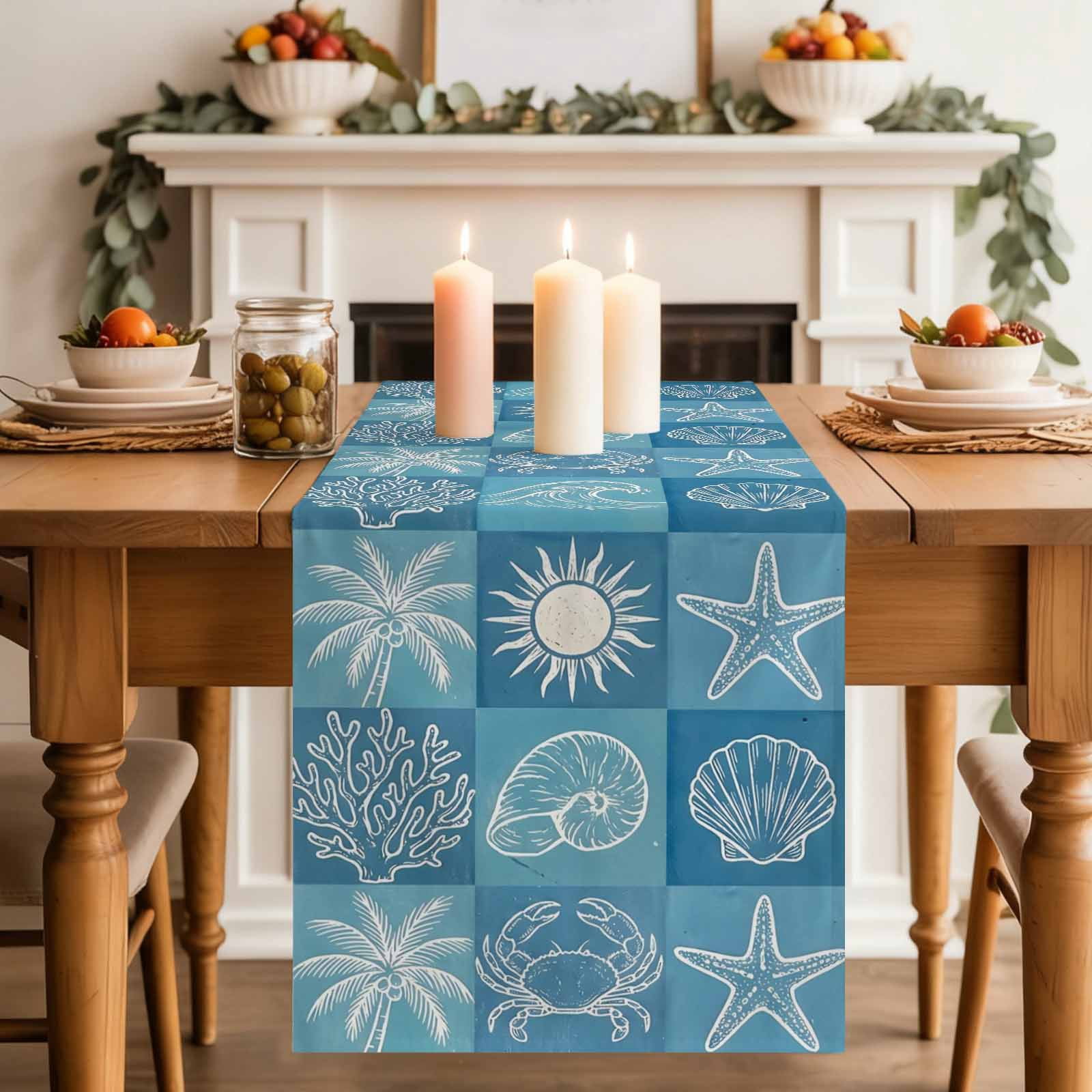 Blue Coastal Table Runner, Summer Ocean Waves Shell Crab Coconut Tree ...