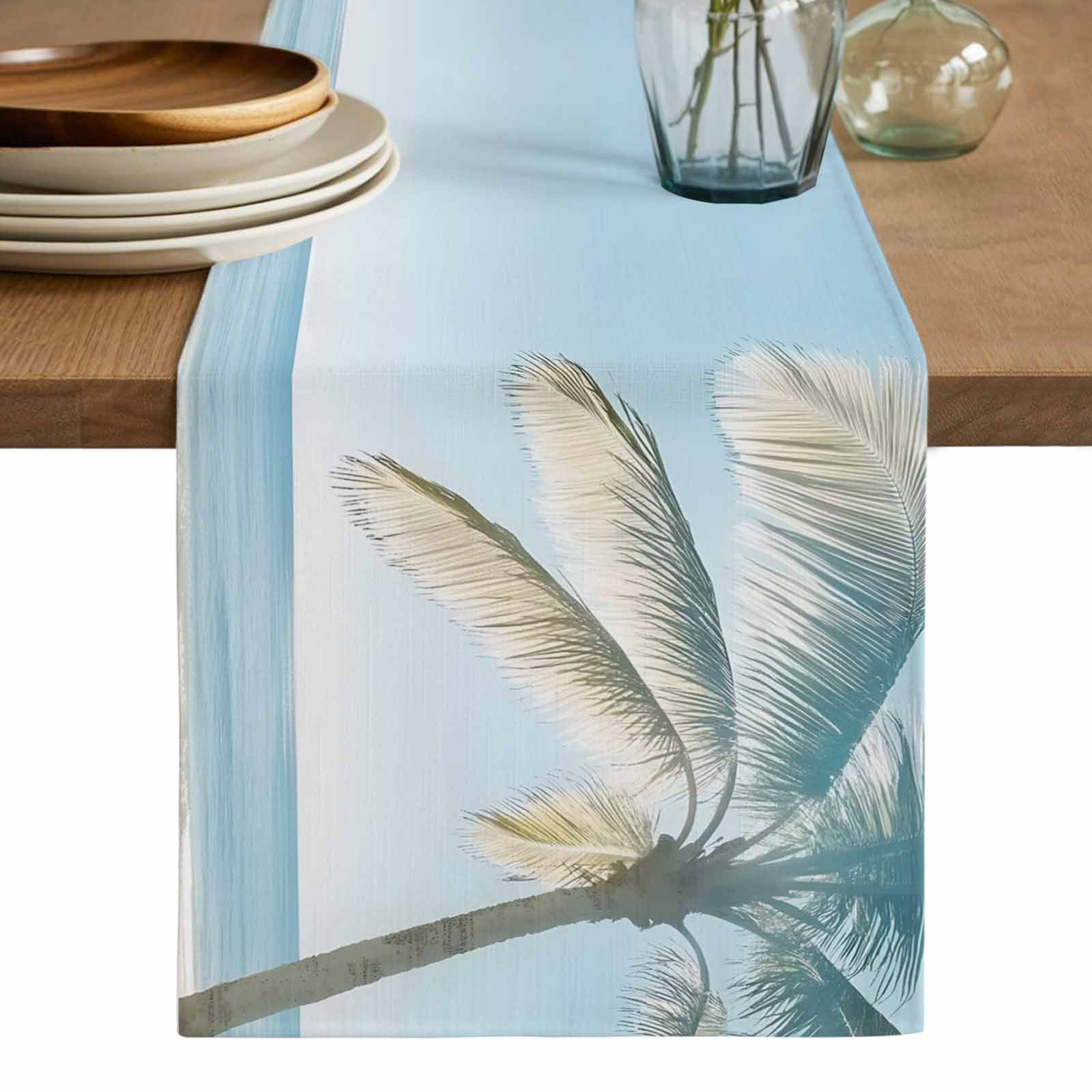 Blue Coastal Table Runner, Summer Palm Trees Vacation Watercolor ...