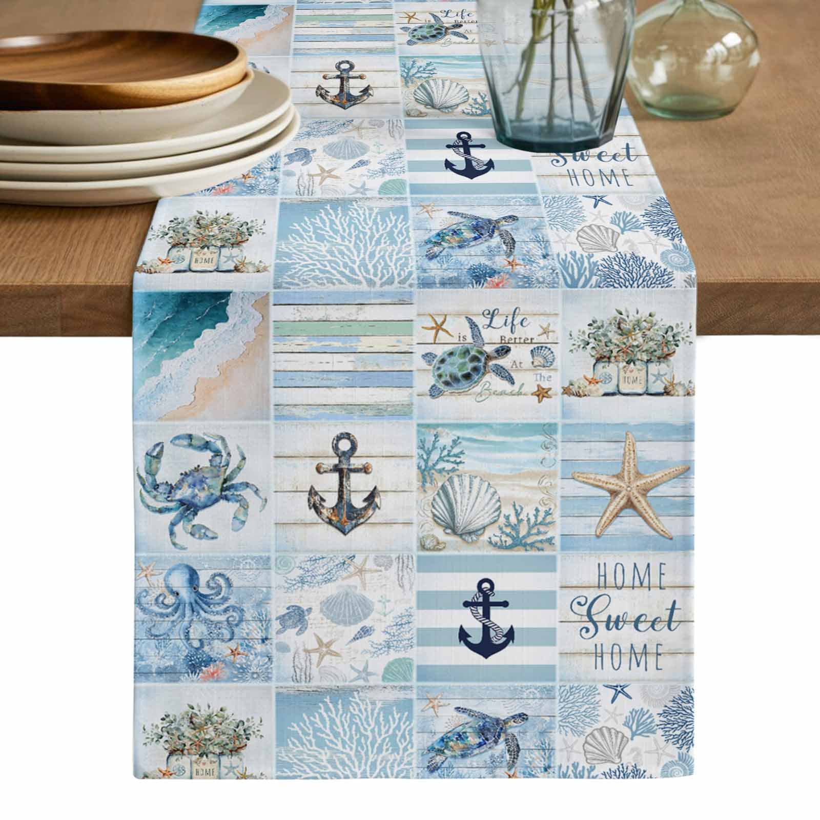 Blue Coastal Table Runner, Turtle Nautical Anchor Octopus Starfish ...
