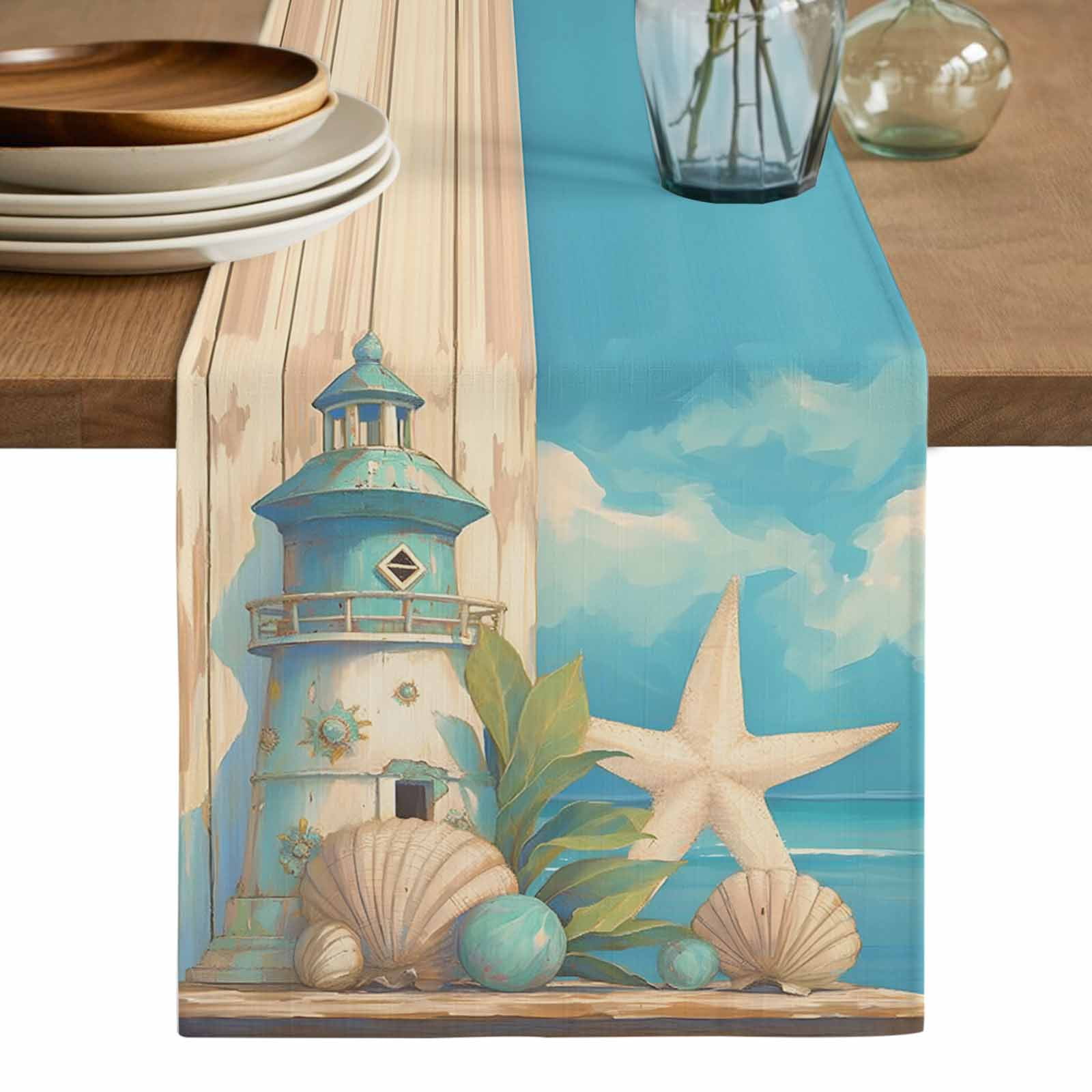 Blue Coastal Table Runner, Watercolor Nautical Starfish Lighthouse ...