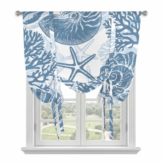 Blue Coastal Tie Up Curtains for Kitchen Windows,Adjustable Rod Pocket ...
