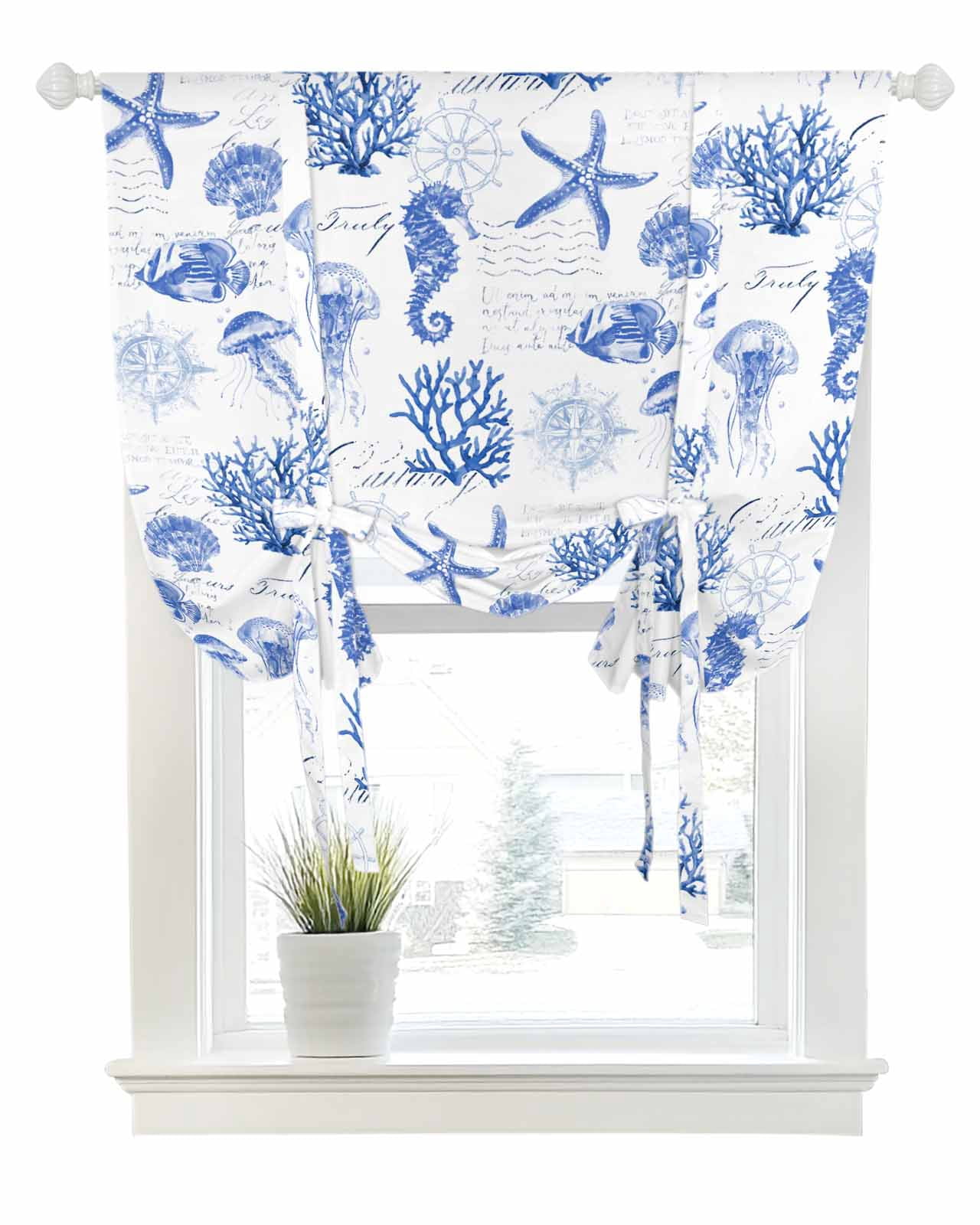 Blue Coastal Tie Up Curtains for Window, Thermal Insulted Balloon Shade ...