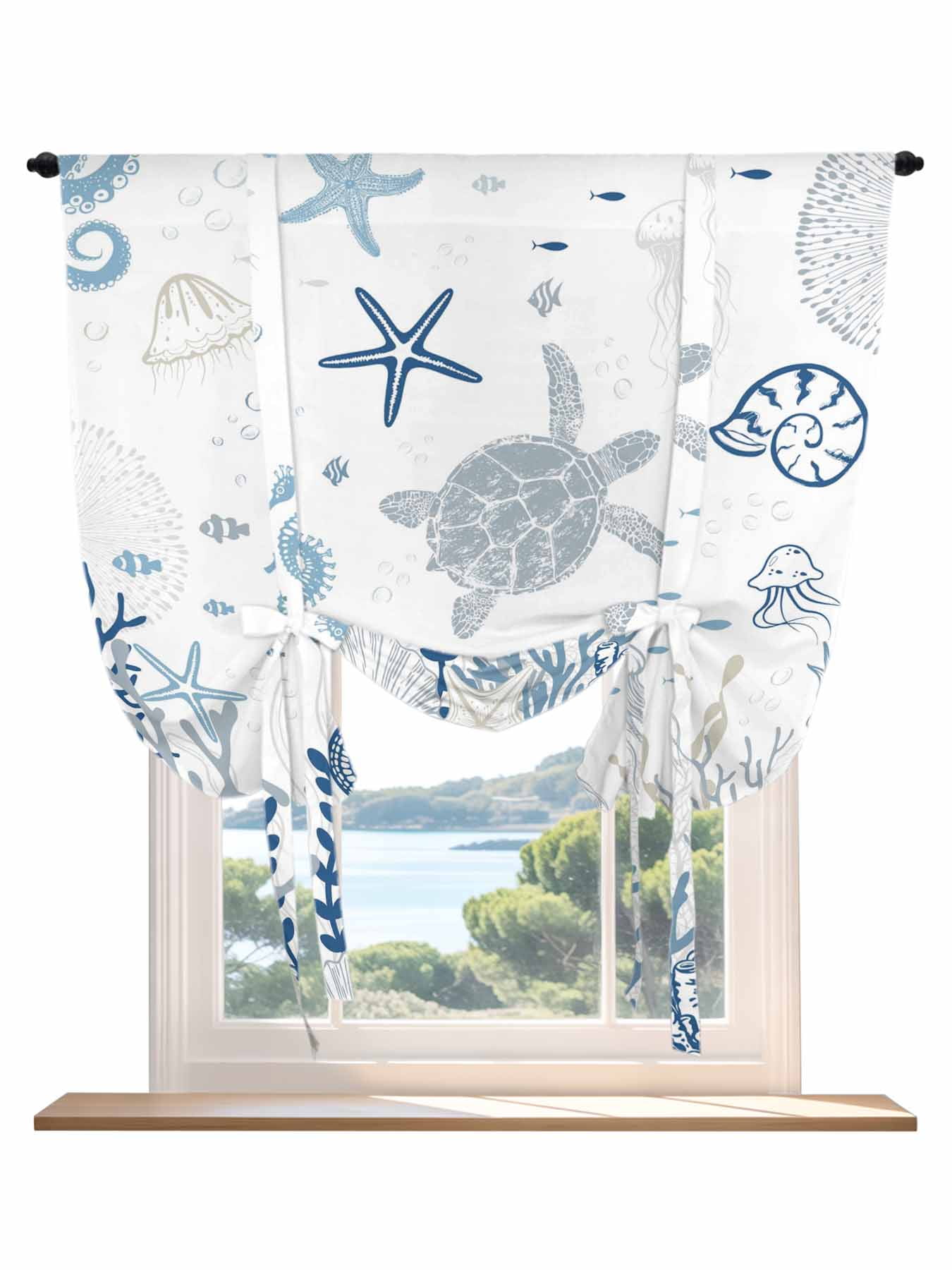 Blue Coastal Tie Up Curtains for Windows 45 Inch Length Balloon ...
