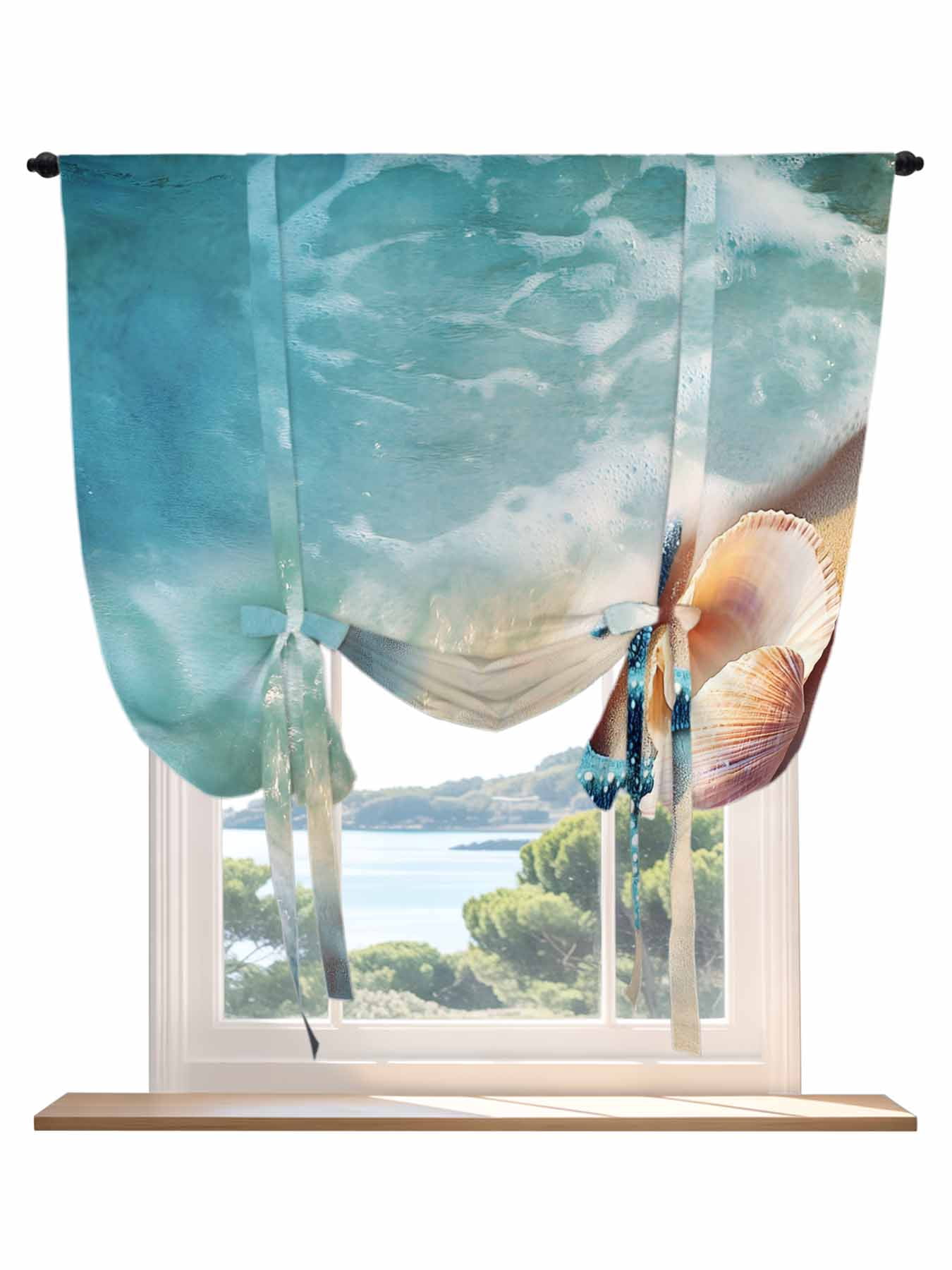 Blue Coastal Tie Up Curtains for Windows 54 Inch Length Balloon ...