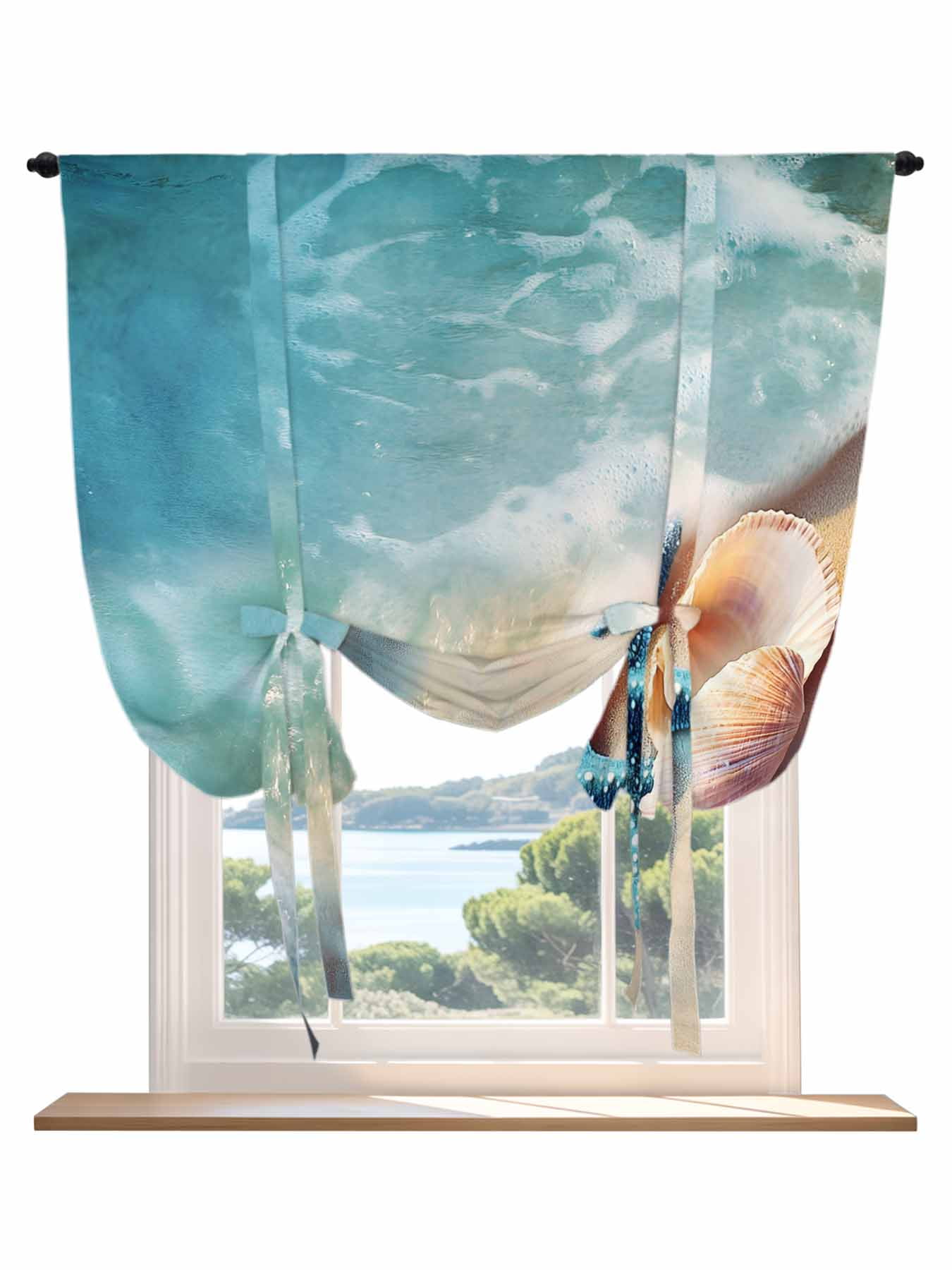 Blue Coastal Tie Up Curtains for Windows 63 Inch Length Balloon ...