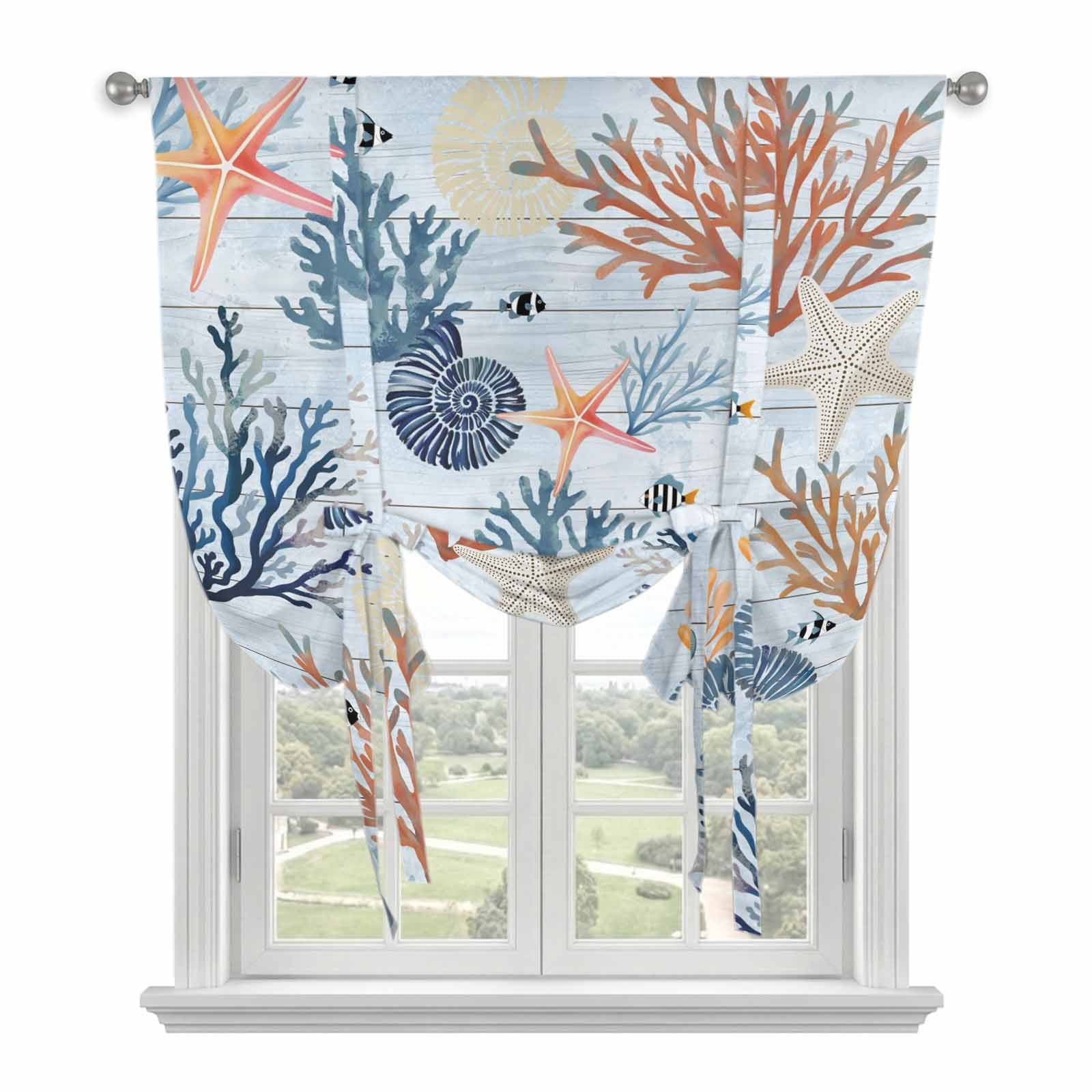 Blue Coastal Tie Up Curtains for Windows, Adjustable Balloon Window ...