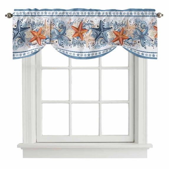Blue Coastal Tie Up Valance Curtains Orange Starfish Coral Beach ...
