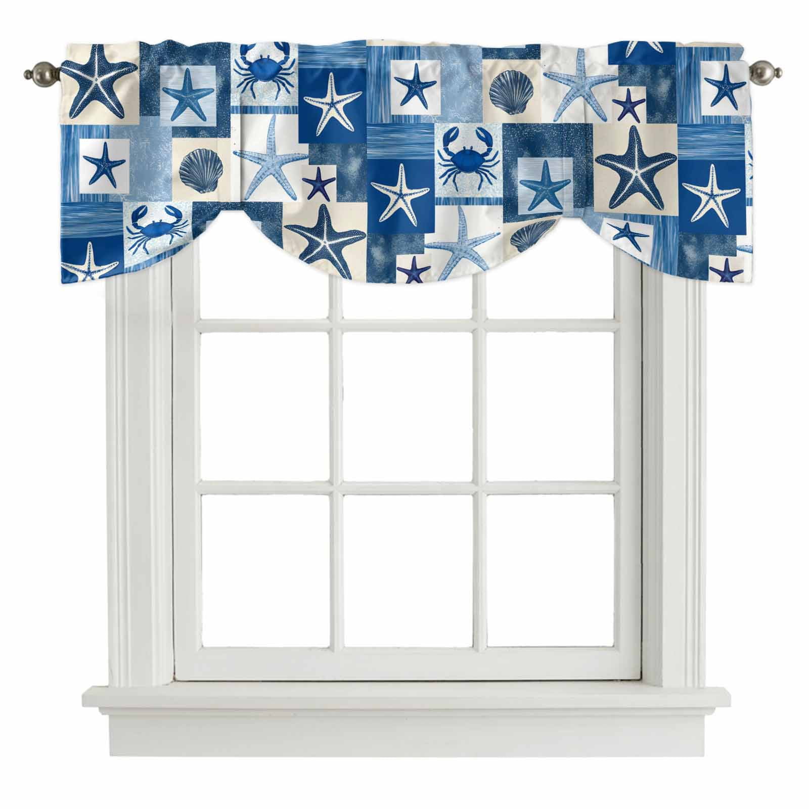 Blue Coastal Tie Up Valance Curtains Summer Ocean Shell Crab Ocean ...