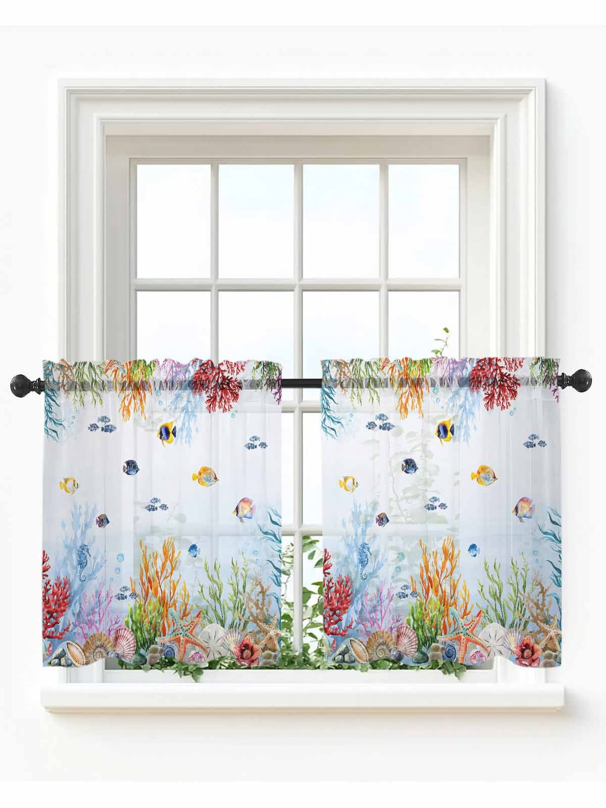 Blue Coastal Tier Curtains 24 Inch Length, Sheer Curtains for Bedroom ...