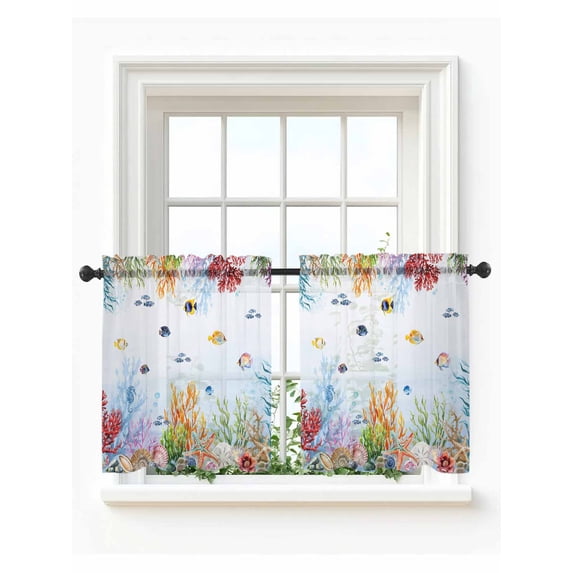 Blue Coastal Tier Curtains 24 Inch Length, Sheer Curtains for Bedroom ...