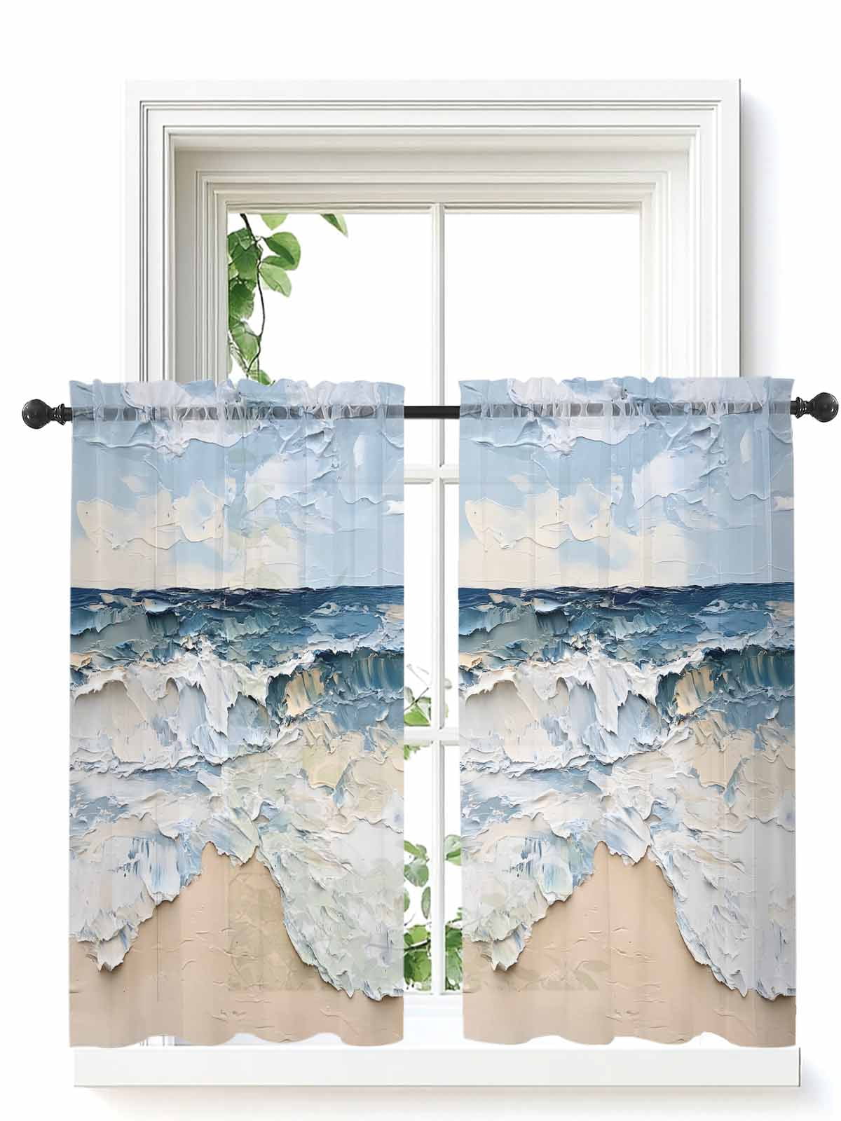 Blue Coastal Tier Curtains 45 Inch Length, Sheer Curtains for Bedroom ...
